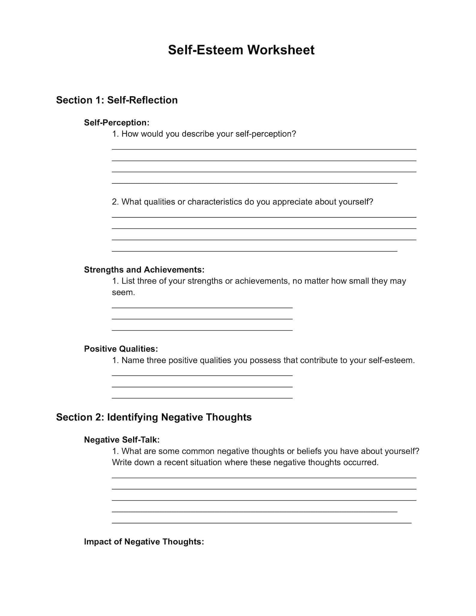 Self Esteem Worksheet, Self Esteem Therapist Tool, Counseling Tool for ...