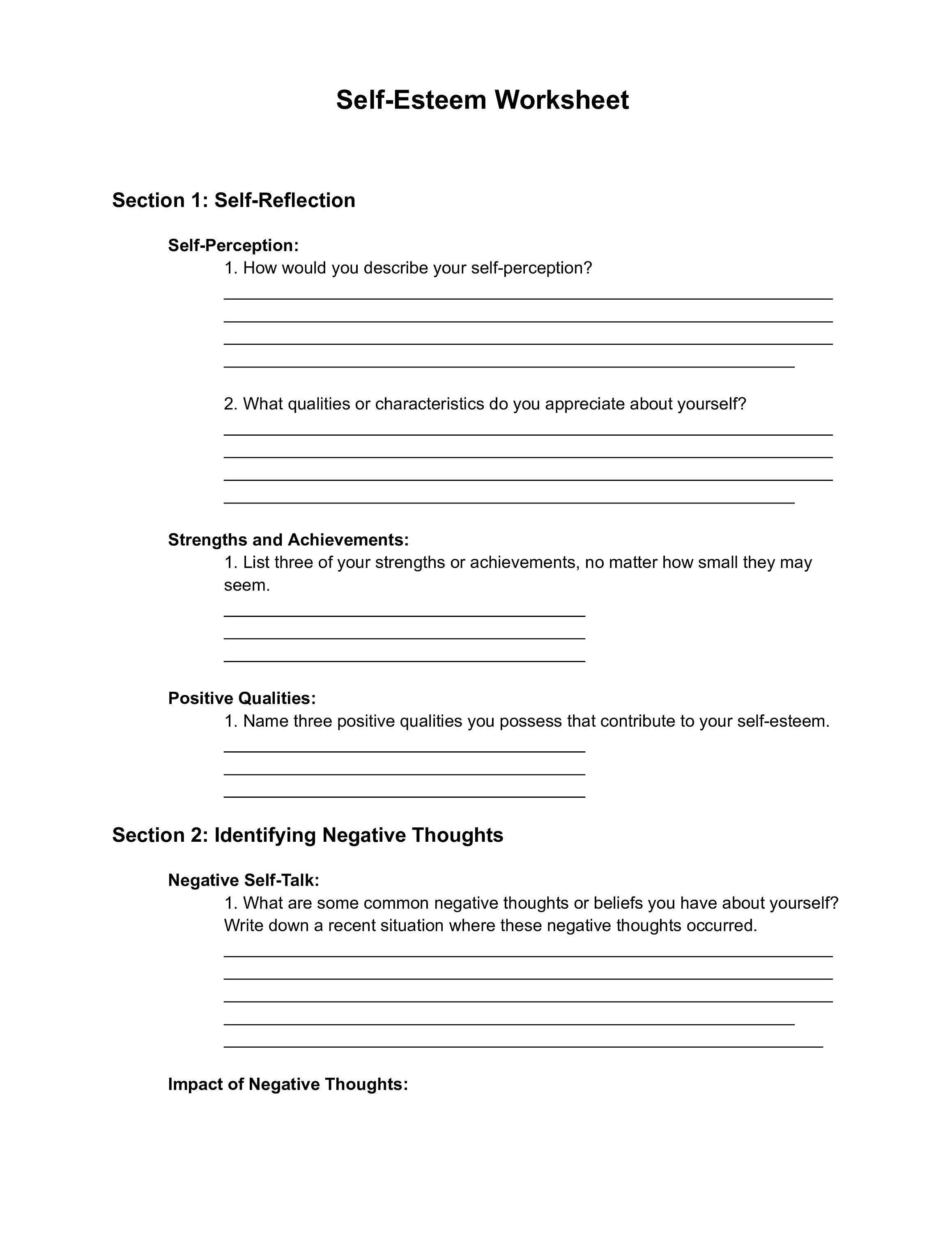 Self Esteem Worksheet, Self Esteem Therapist Tool, Counseling Tool for ...