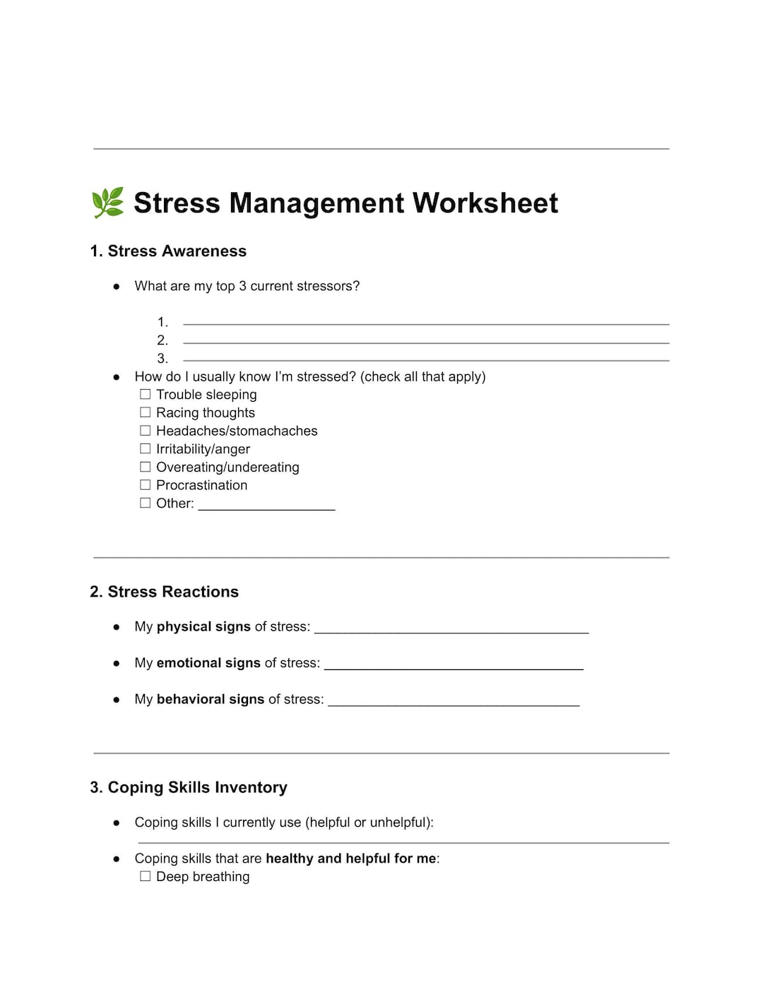 Stress Management Worksheet - Etsy