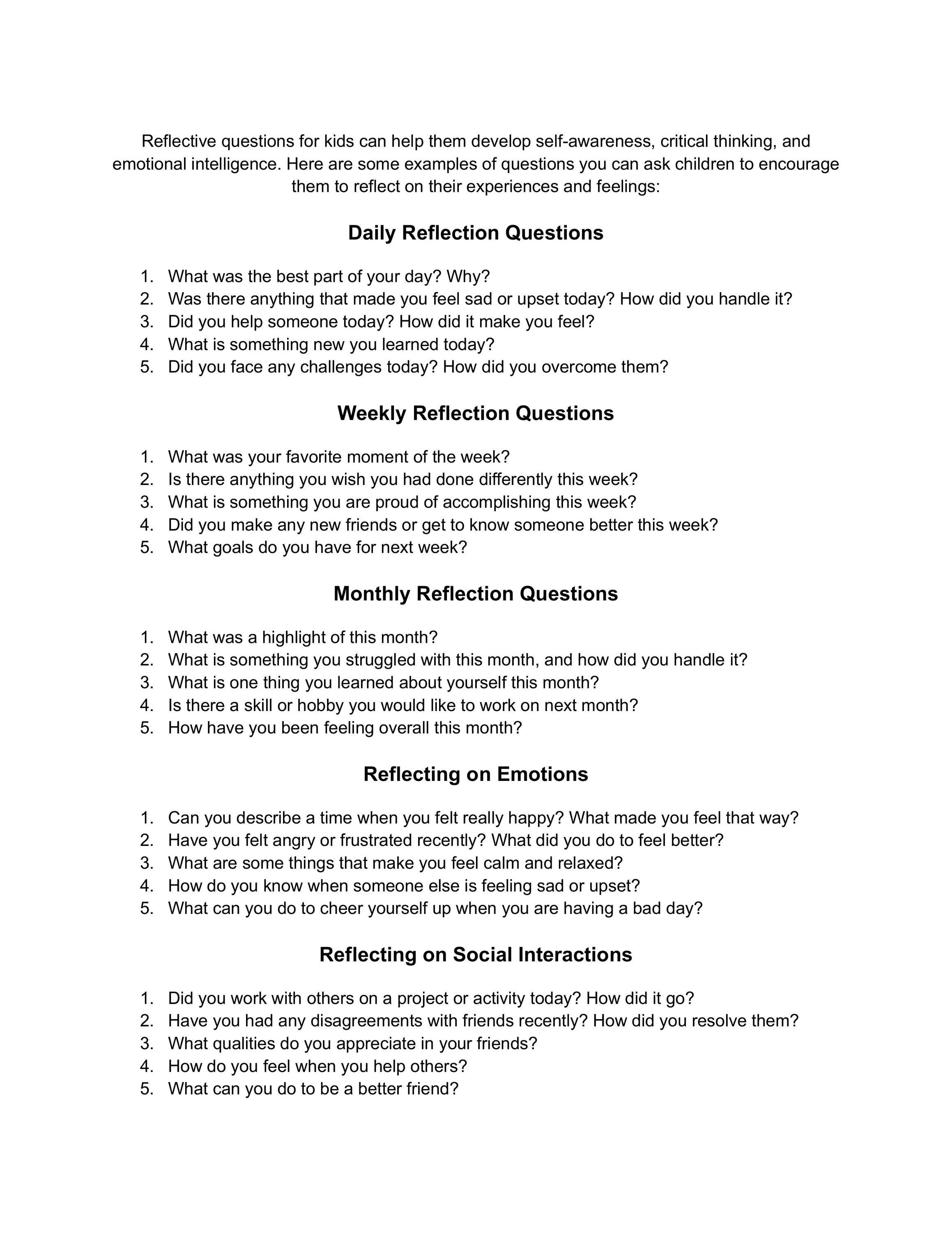 Reflection Questions for Kids, Therapy Questions, Counseling and Social ...