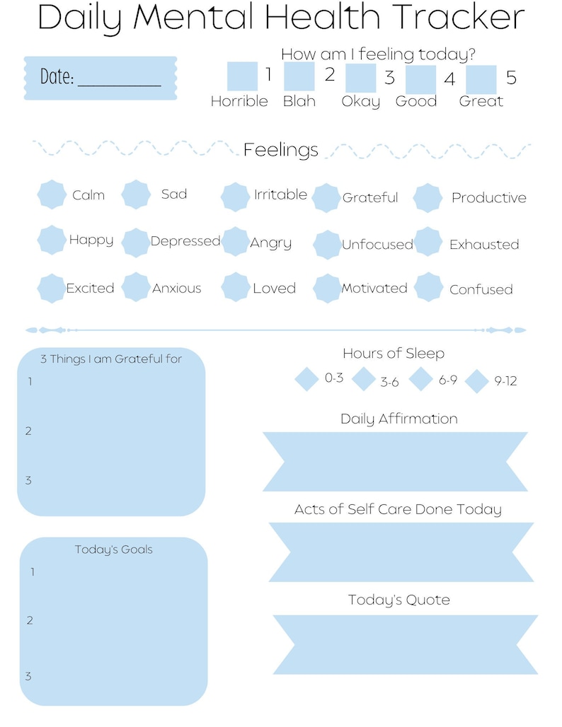 Daily Mental Health Tracker Blue, Mental Health Check In, Mental Health ...