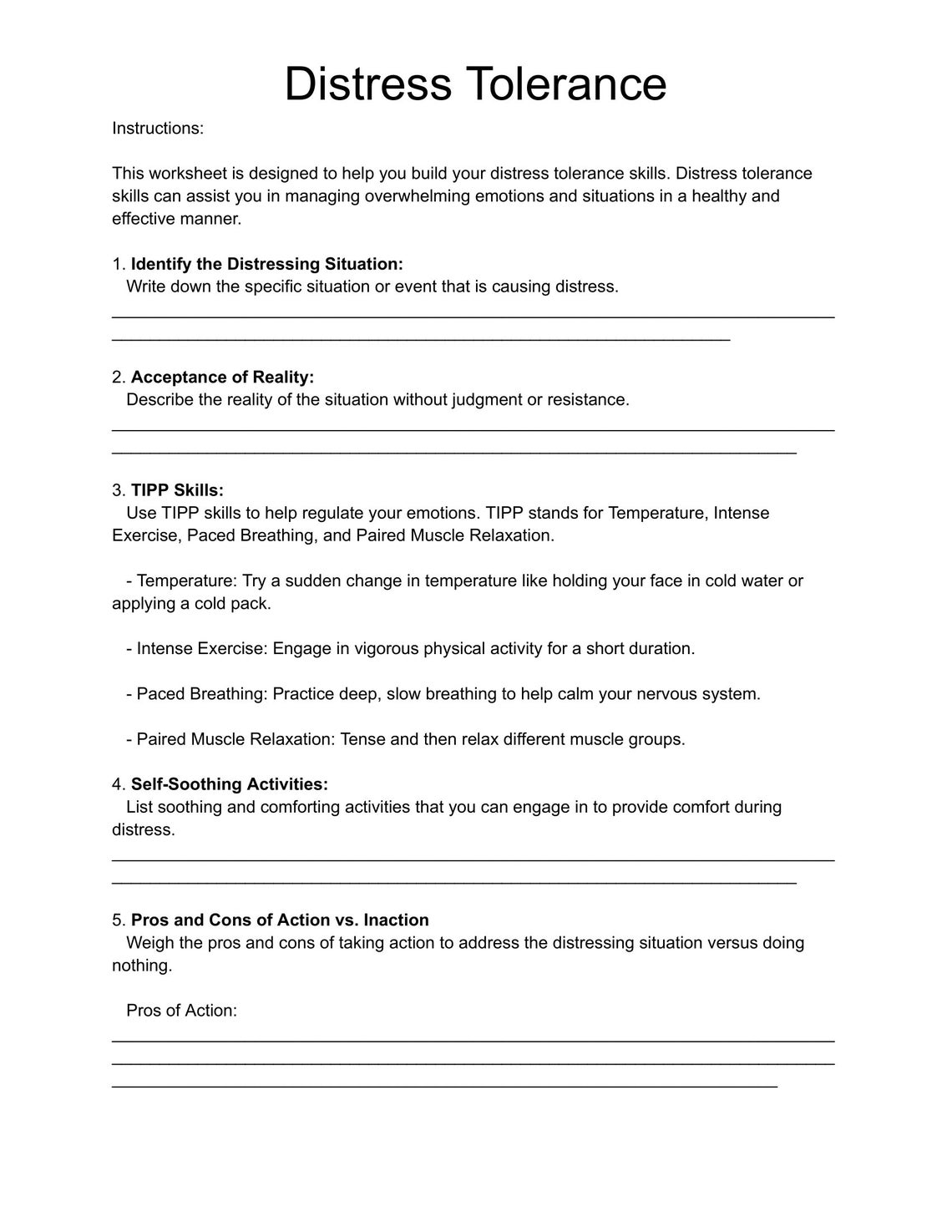 Distress Tolerance Worksheet, Mental Health Worksheet, Counselor/social ...