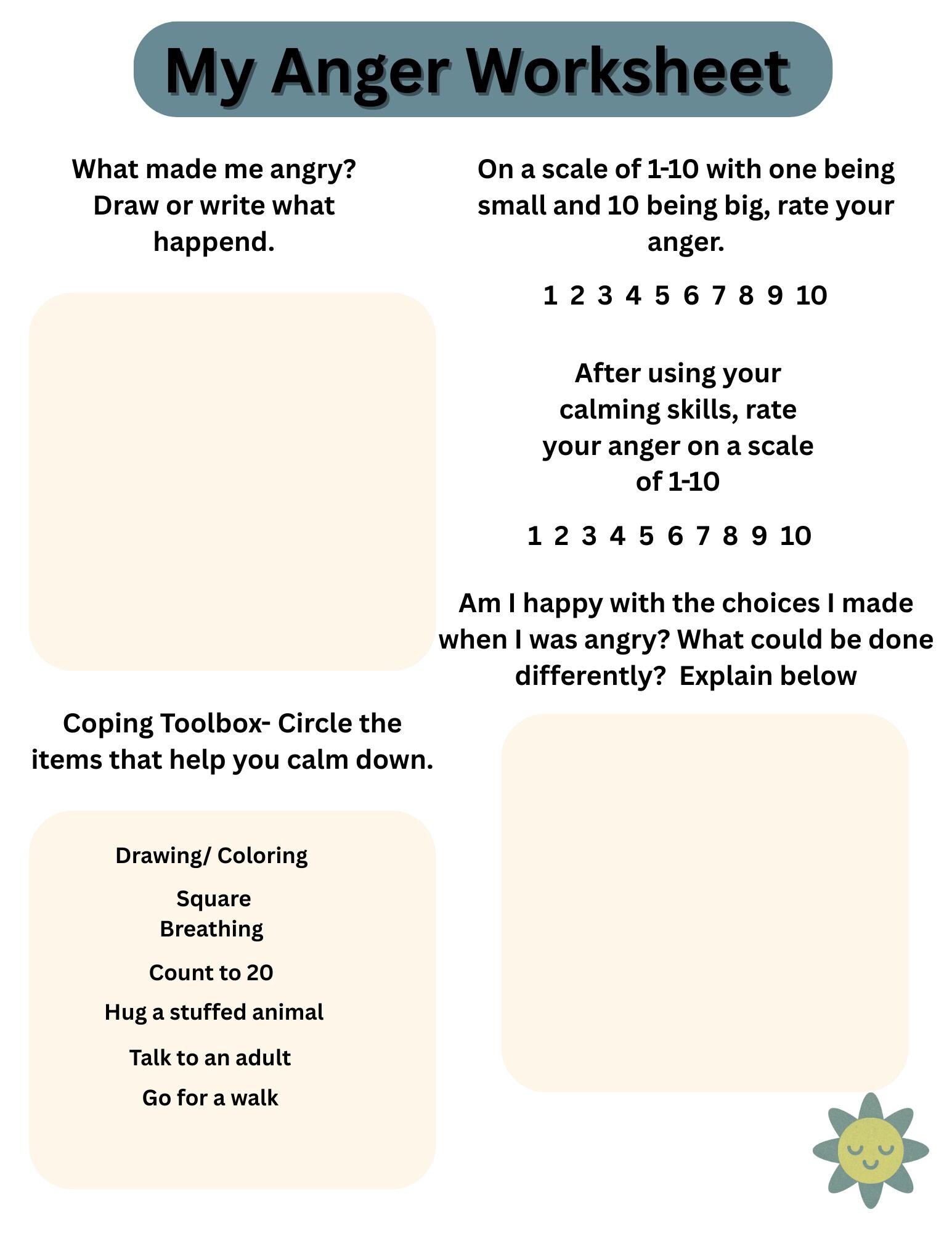 My Anger Worksheet for Kids Mental Health Coping Skills, Counseling and ...