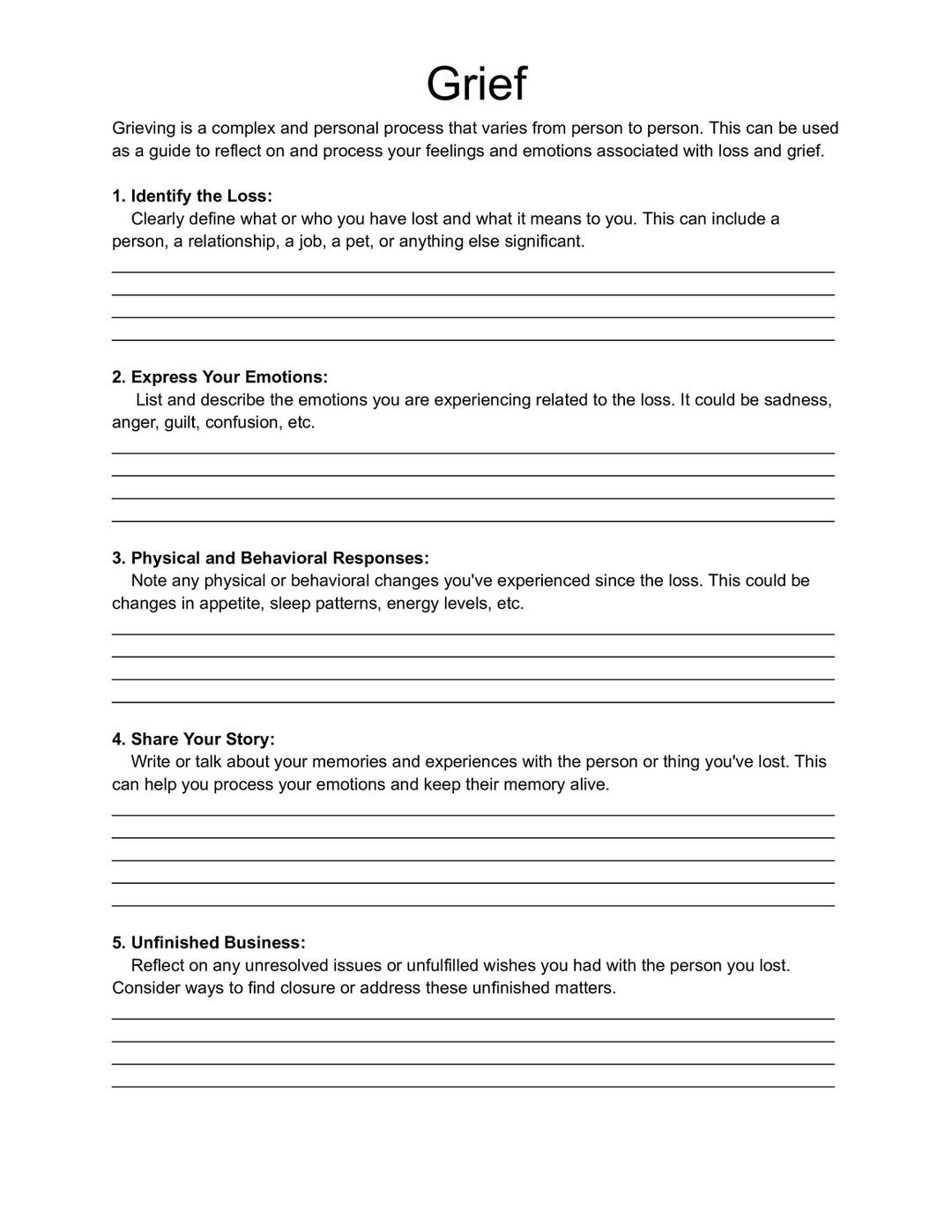 Grief Worksheet, Mental Health Worksheet, Grief Therapy Worksheet ...