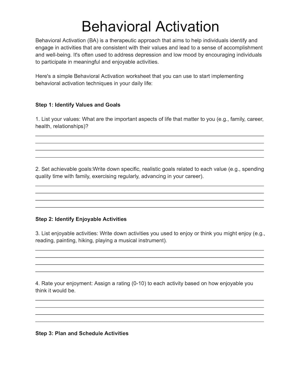 Behaviroral Activation Worksheet, Depression Worksheet, CBT Worksheet ...