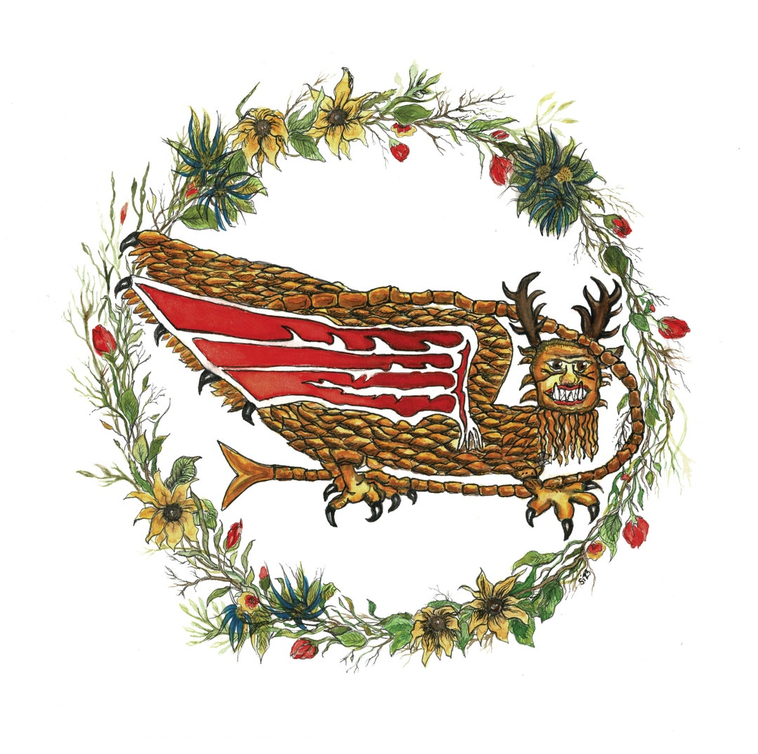 Piasa Bird Art Print: Watercolor Mythical Creature, Floral Wreath (8x8 ...