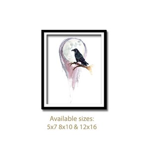 Crow and Moon Art Print, Original Ink and Watercolor Illustration (12 ...