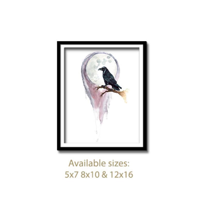 Crow and Moon Art Print, Original Ink and Watercolor Illustration (12 ...