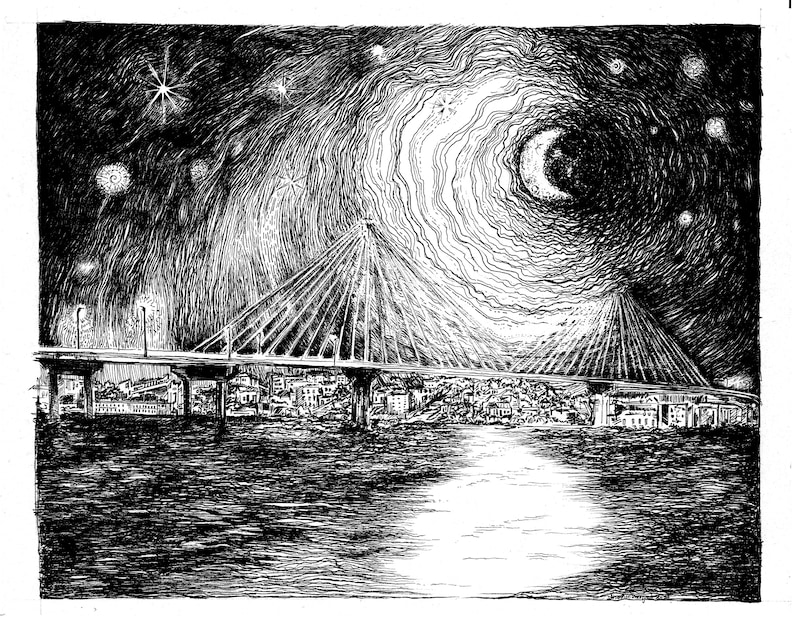 Clark Bridge Under the Stars 8x10 Fine Art Print of Original Ink ...