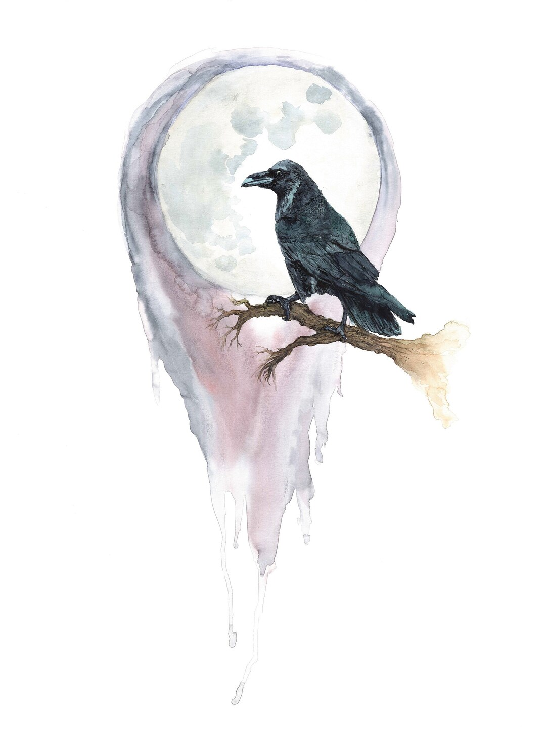 Crow and Moon Art Print, Original Ink and Watercolor Illustration (12 ...