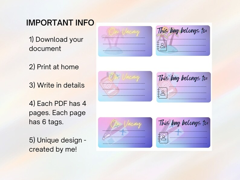 Printable Baggage Tags for Travel, Vacations, Storage. Print, Fill Out ...
