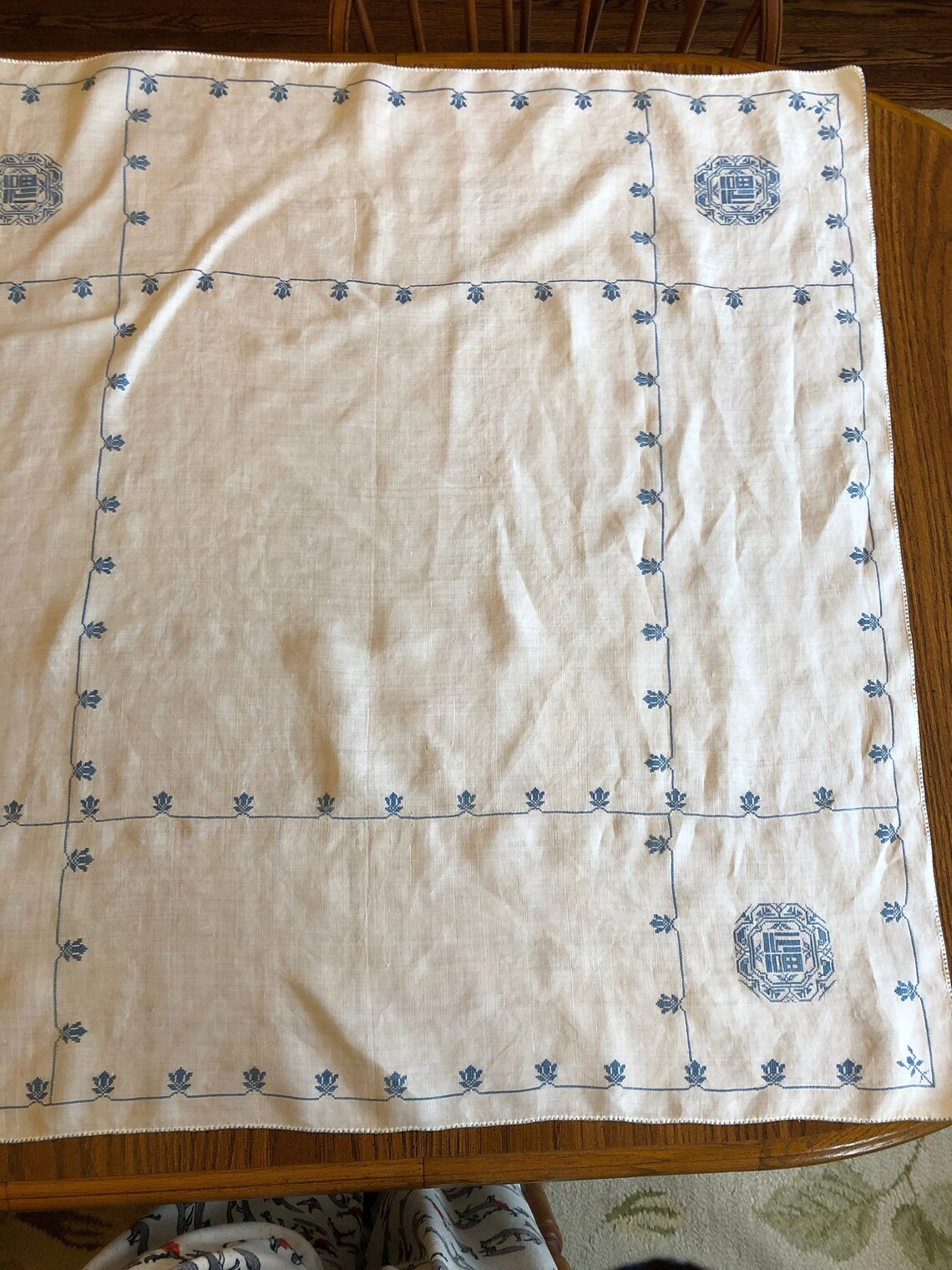 Vintage Fine White Linen Table Topper Square With Tiny Blue - Etsy