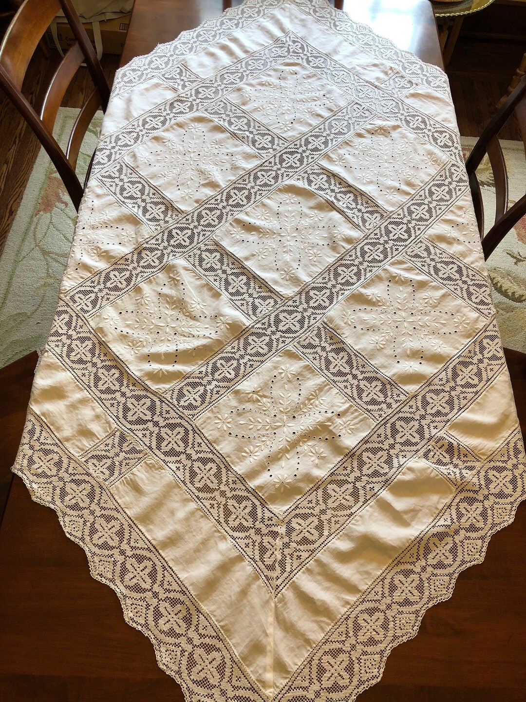 Vintage White Floral Embroidered Linen and Cotton Crocheted Filet Lace ...