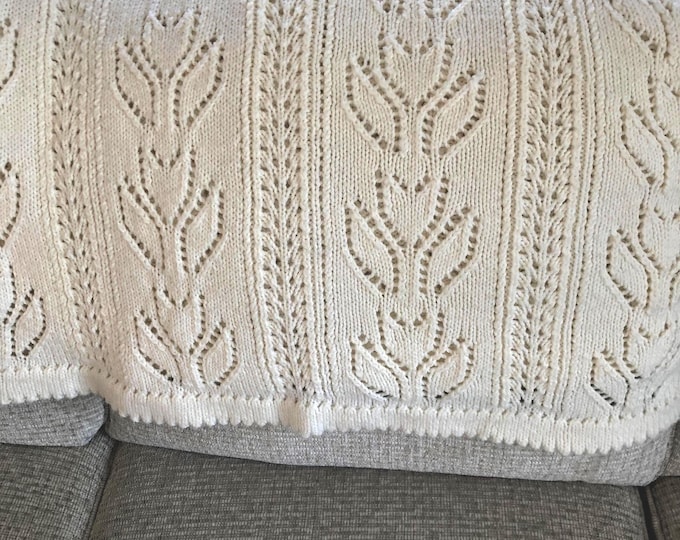Off-white Acrylic Hand Knit Large Throw Blanket With Leaf Pattern | 55 ...