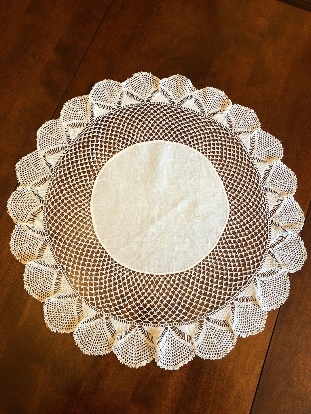 Lovely White Fine Linen Circular Table Topper With Hand Crocheted Lace ...