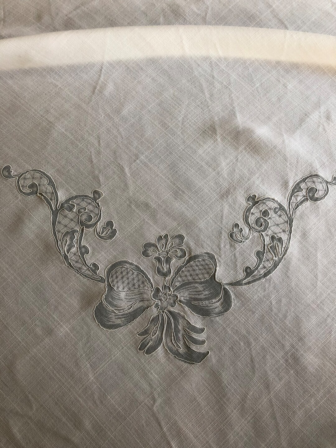 Vintage Natural White Rayon Square Tablecloth With Gray Printed Corners ...