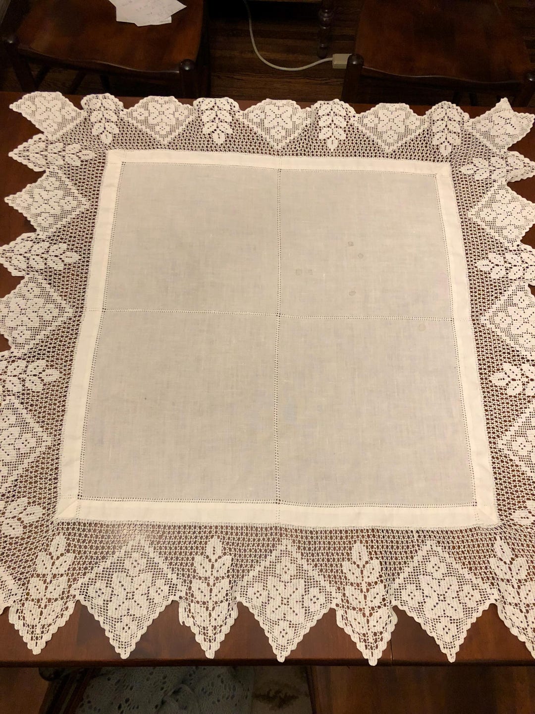 Square Linen Tablecloth or Table Topper With Drawn Thread Border and ...