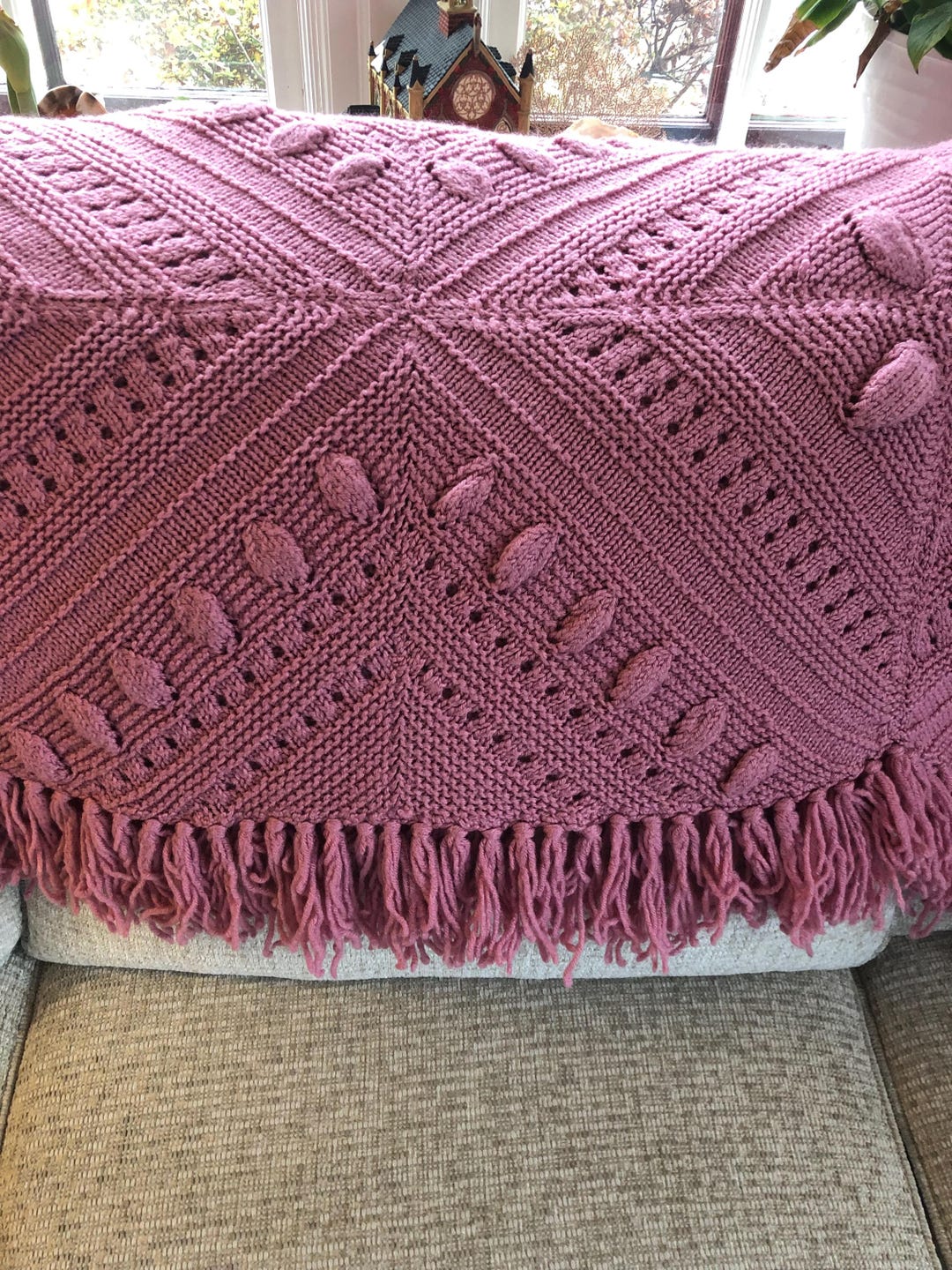 Pink or Rose Acrylic Hand Knit Throw Blanket With Tassle Ends 48 X 84 ...