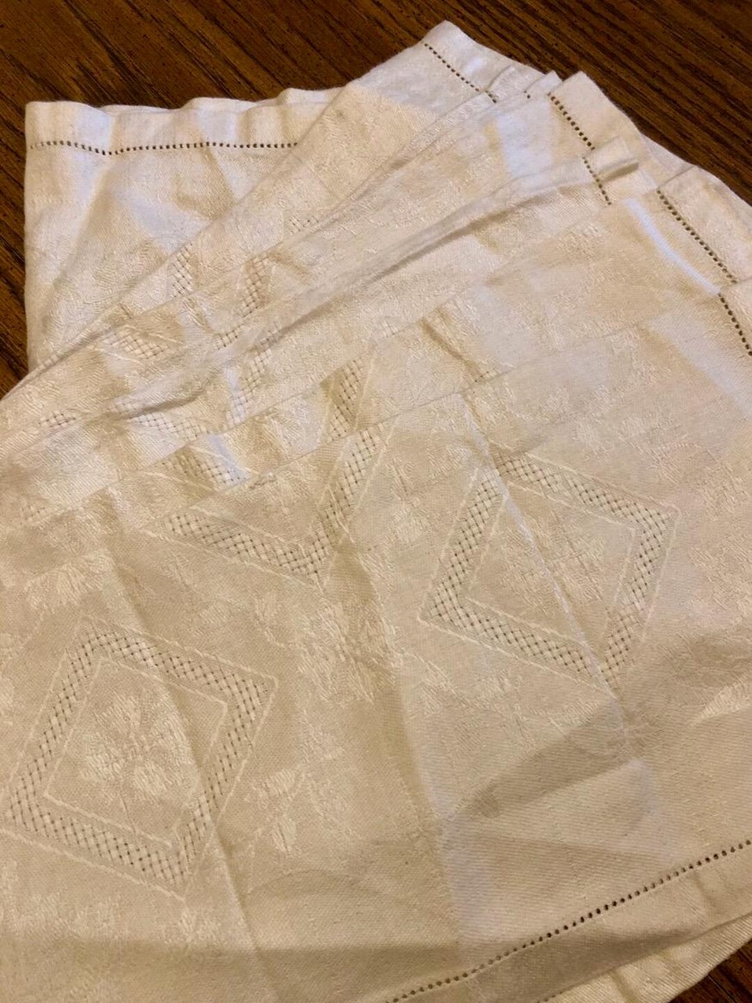 Vintage Set of 12 Beige Cotton Damask Dinner Napkins With Drawn Thread ...