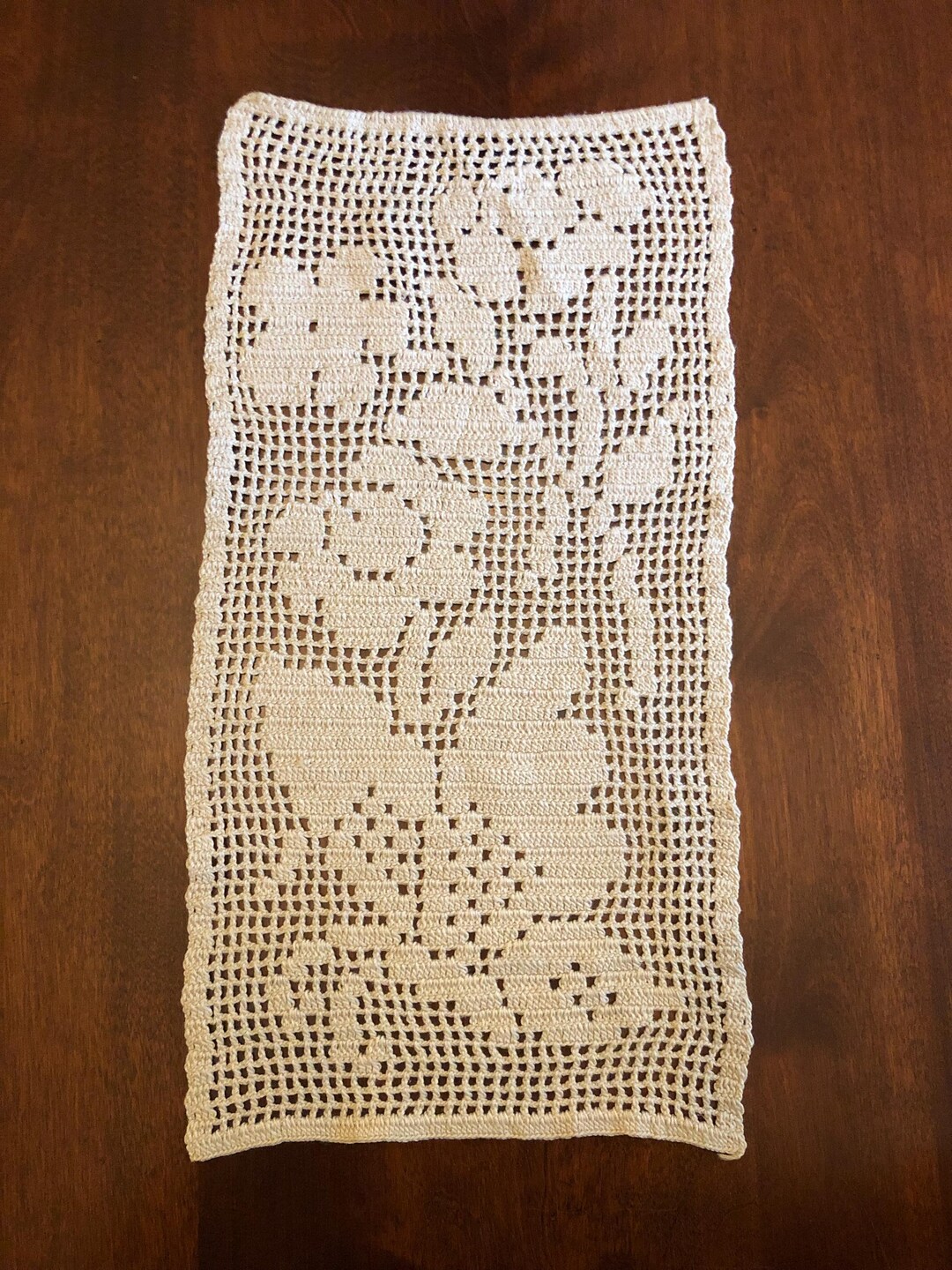 Beige Cotton Hand Crocheted Filet Lace Table Runner or Dresser Scarf ...