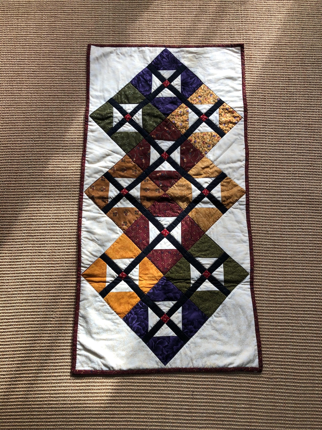 Handmade Machine Quilted Pieced Geometric Table Runner in Purple, Gold ...