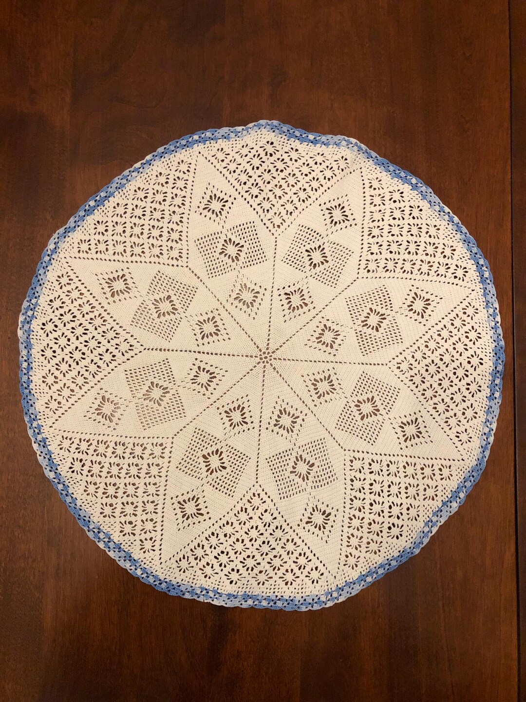White Cotton Hand Crocheted Circular Table Topper or Doily With Blue ...