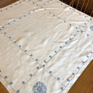 Vintage Fine White Linen Table Topper Square With Tiny Blue - Etsy