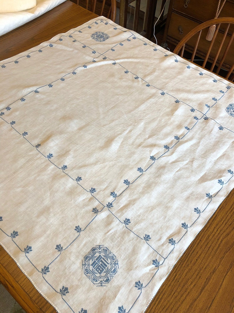 Vintage Fine White Linen Table Topper Square With Tiny Blue - Etsy