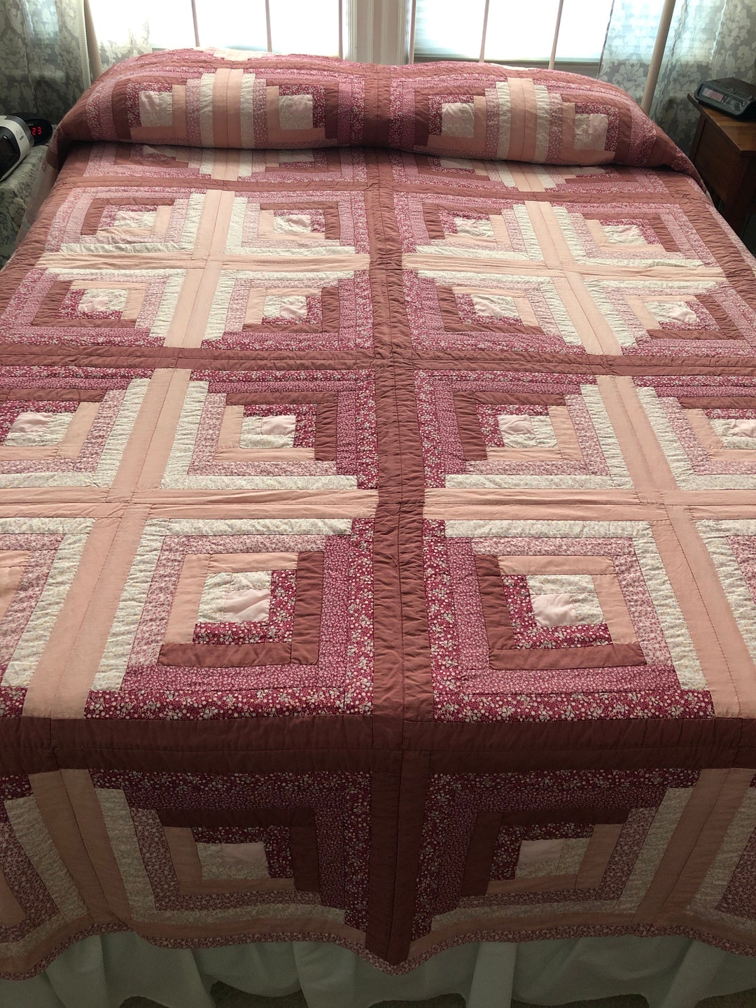 Vintage Rose Tone Cotton Handmade Log Cabin Variation Quilt, Full or ...