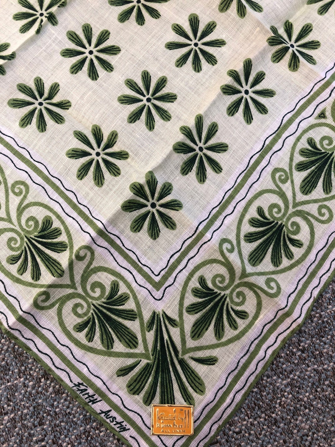 Vintage MC Faith Austin Fine Linen Green Floral Print Handkerchief With ...
