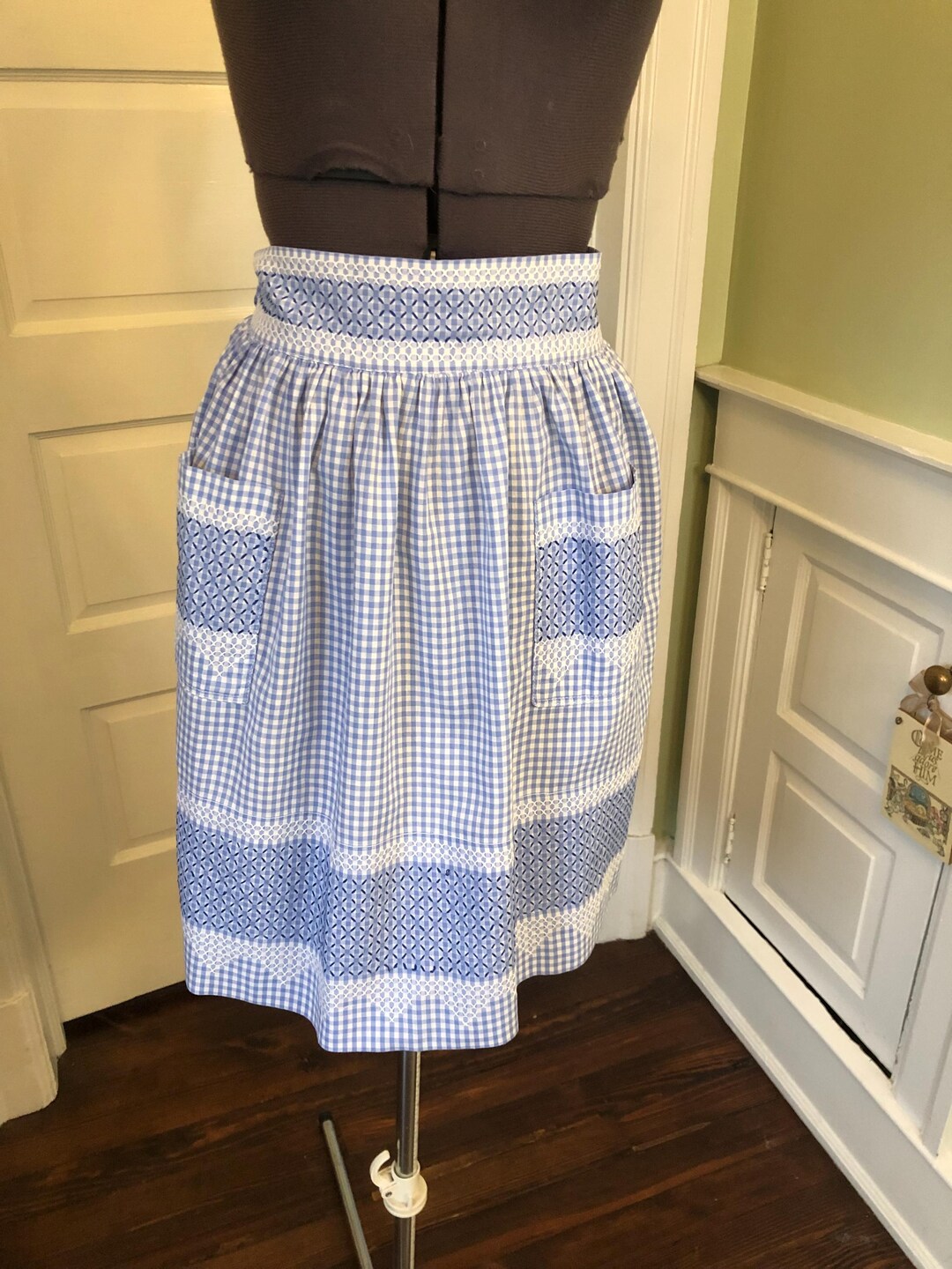 Light Blue Gingham Half Skirt Apron With Hand Cross-stitched Waistband ...