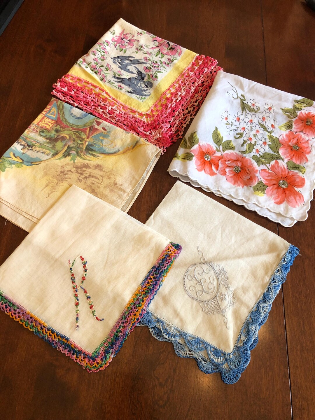 Set of Five Handkerchiefs With Monograms, Embroidery, Crocheted Lace ...