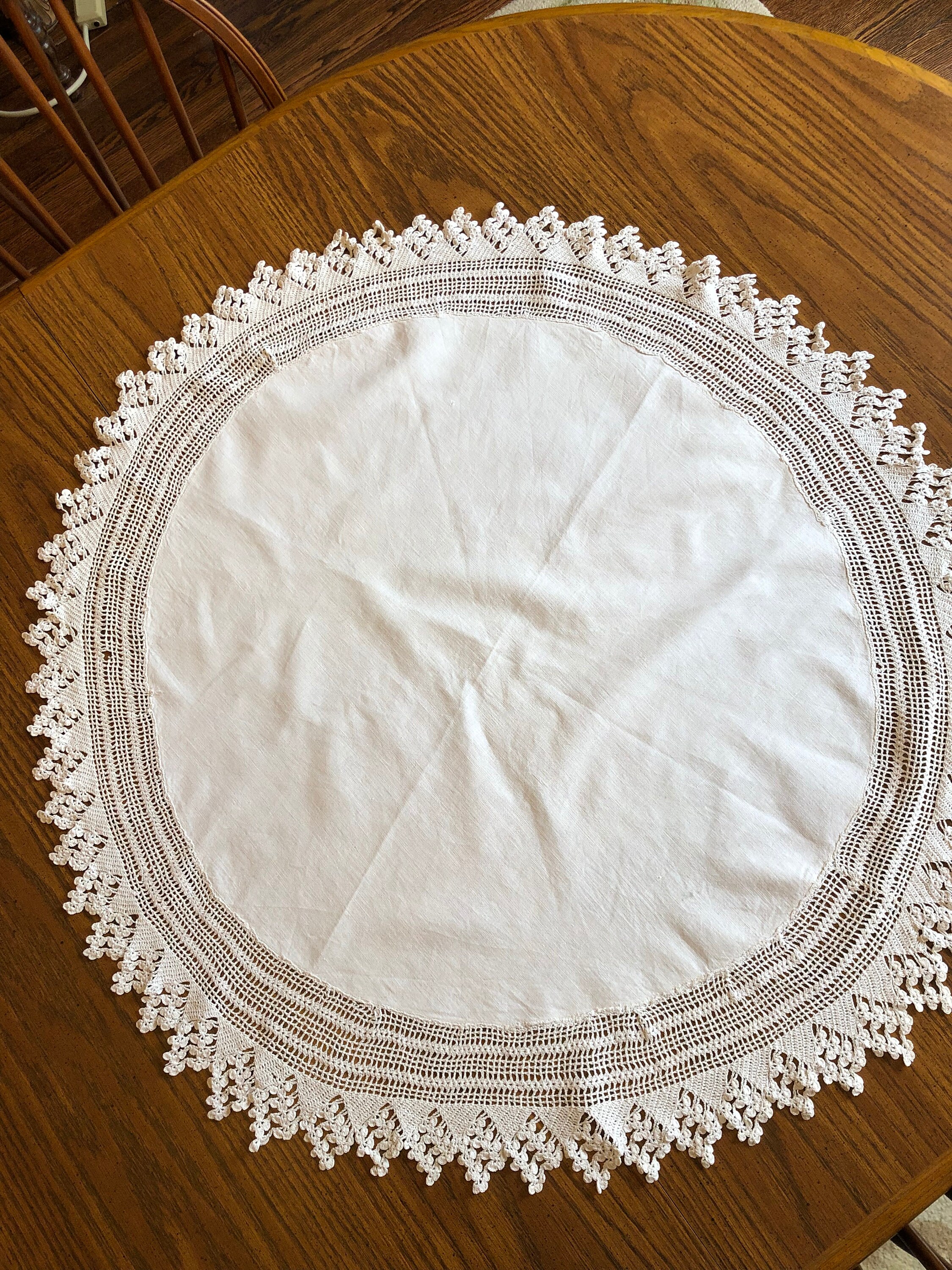 Vintage Natural White Cotton Round Table Topper With Cotton Crocheted ...