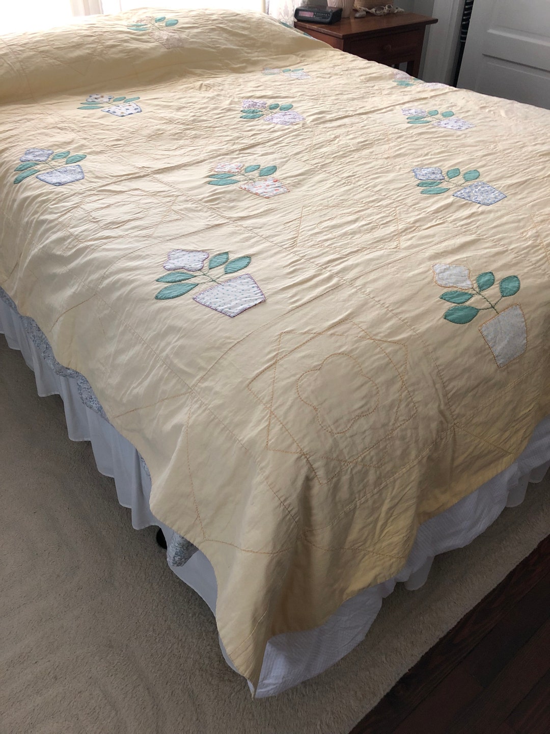 Handmade Yellow Bedspread With Appliqued Flower Pot Squares and ...