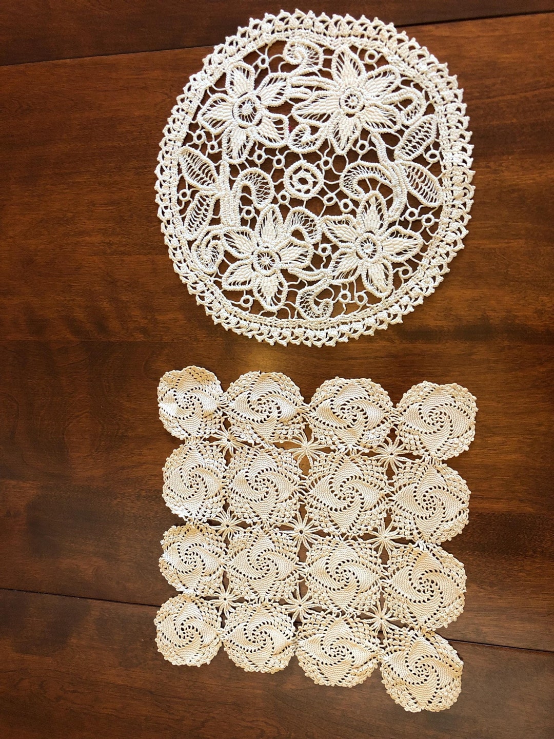 Set of Two Beige Doilies or Centerpieces, One Crocheted Square and One ...