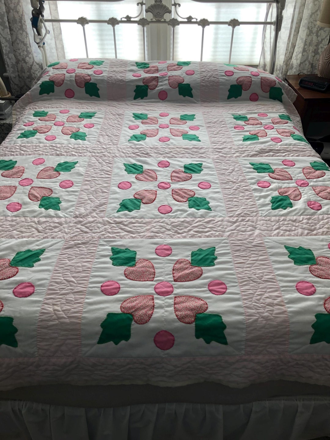 Handmade Pink Floral Quilt With Buttonhole Stitch Applique Blocks, Twin ...