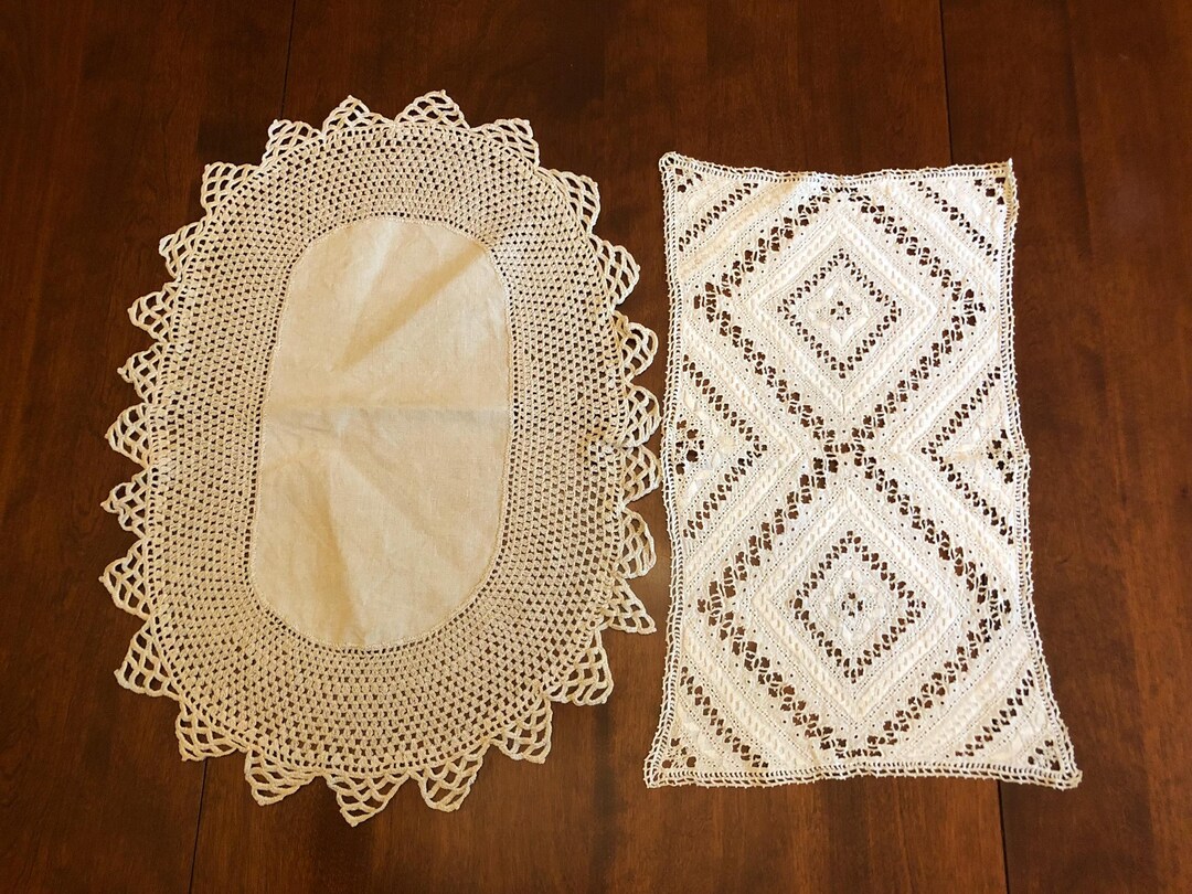 Set of Two Beige Linen Centerpieces or Doilies With Crocheted Lace ...