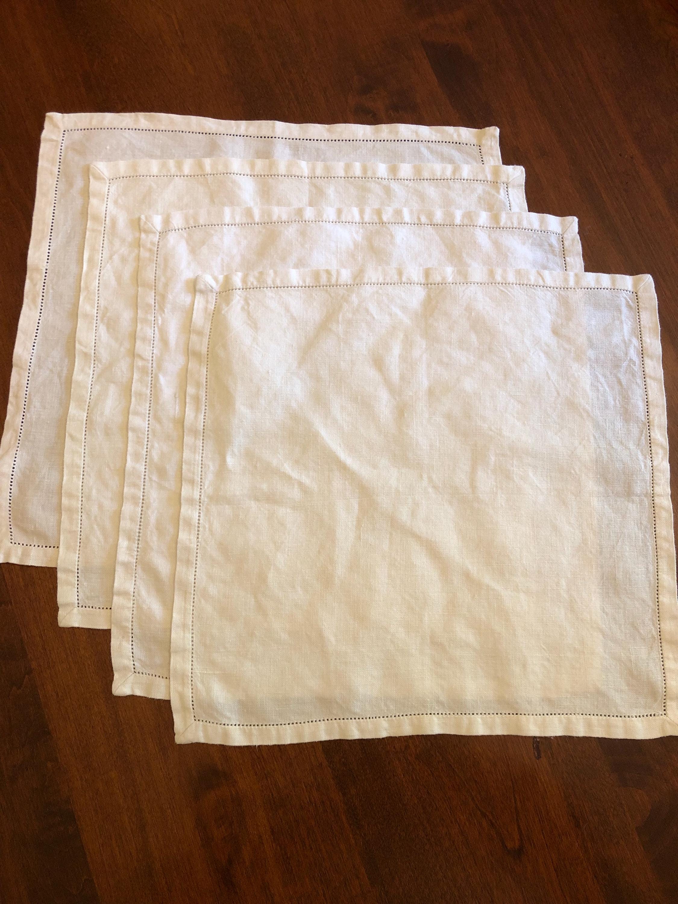 Set of Four Ivory Linen Napkins With Drawn Thread Borders | 12.5" X 13 ...