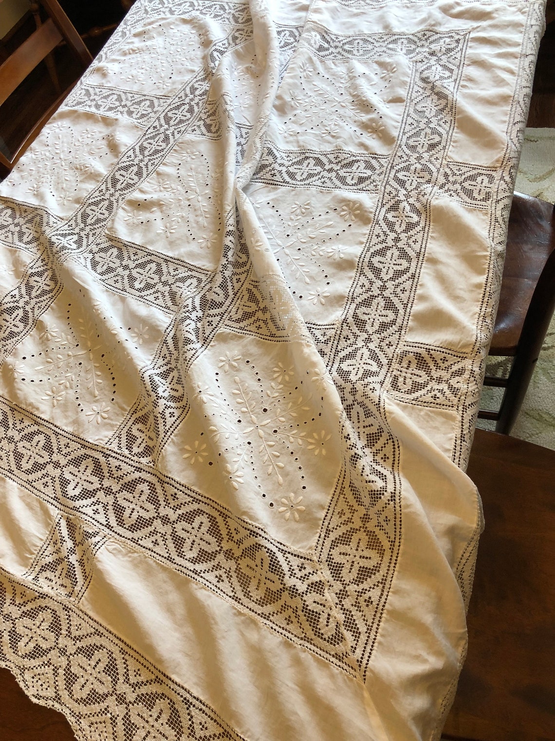 Vintage White Floral Embroidered Linen and Cotton Crocheted Filet Lace ...