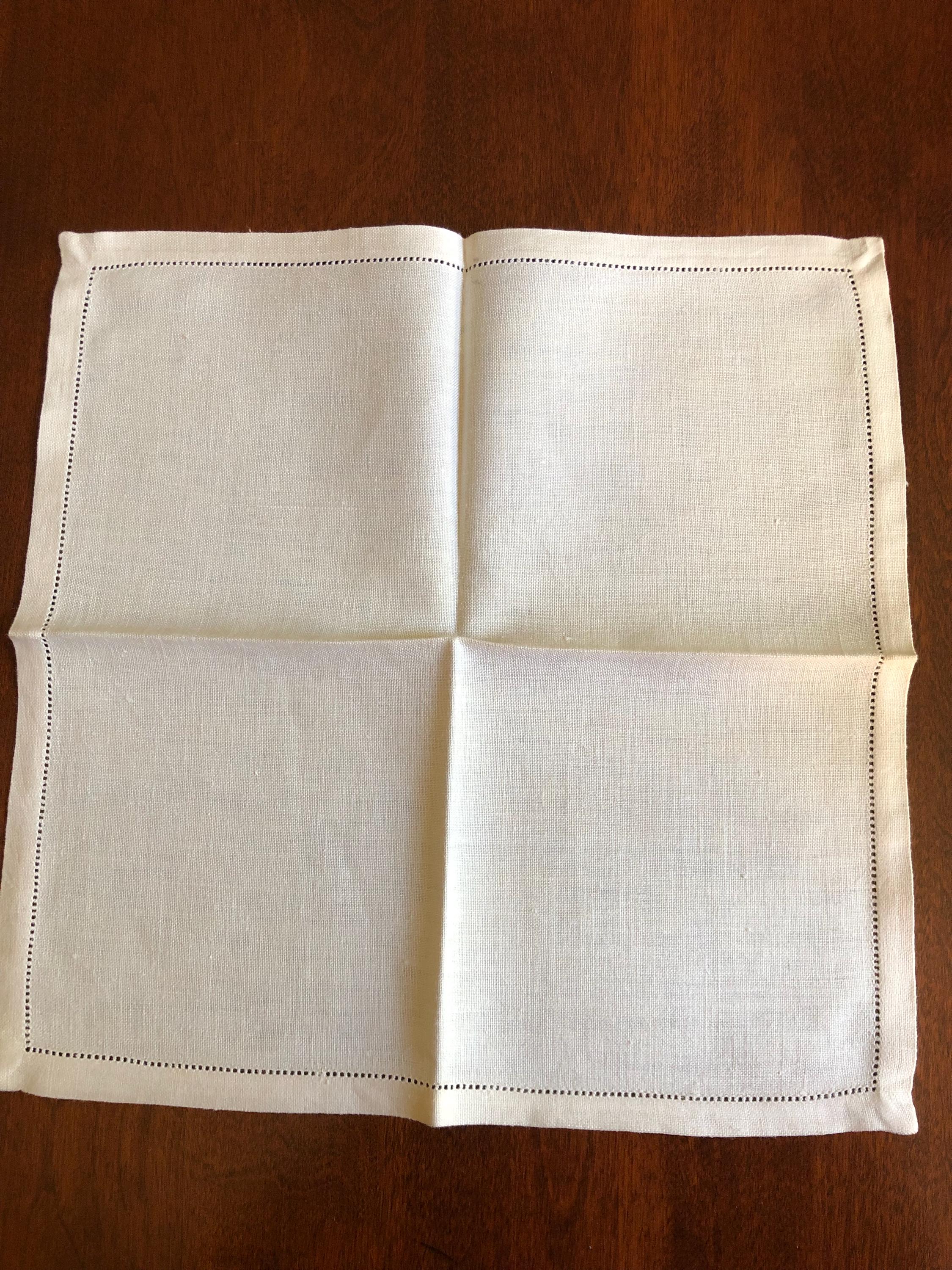 Set of Four Ivory Linen Napkins With Drawn Thread Borders | 12.5" X 13 ...