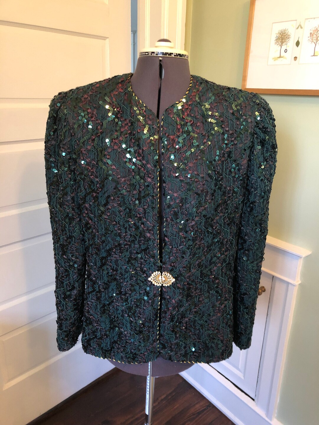 80s Forest Green Sequin Soutache and Ribbon Long Sleeved Blazer or ...