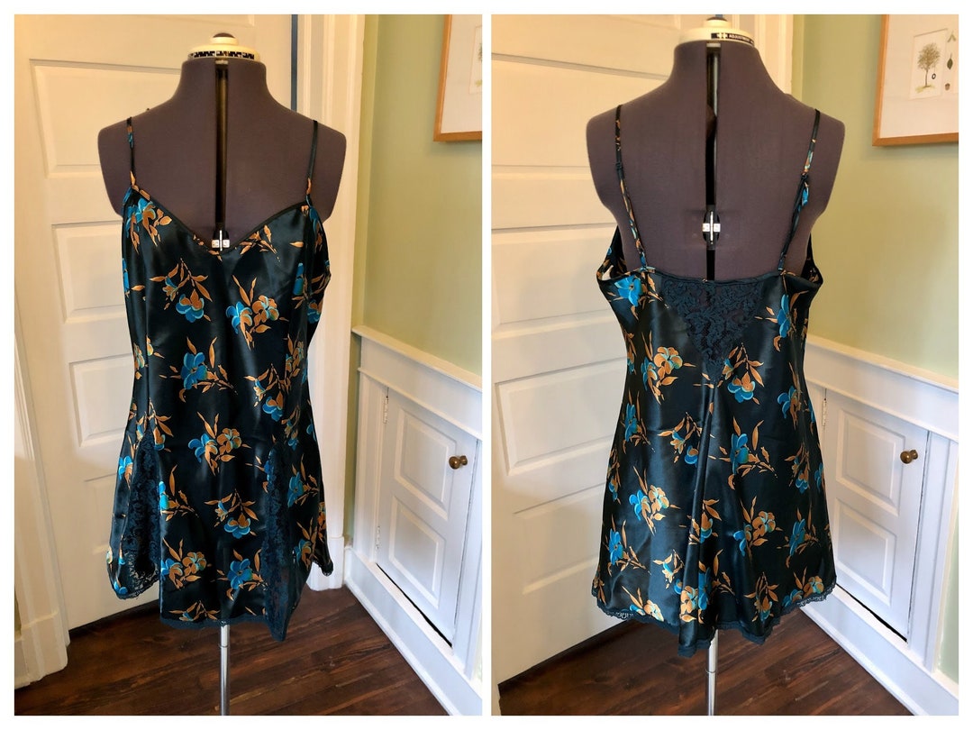 80s Dark Green Floral Chemise With Adjustable Spaghetti Straps and Lace ...