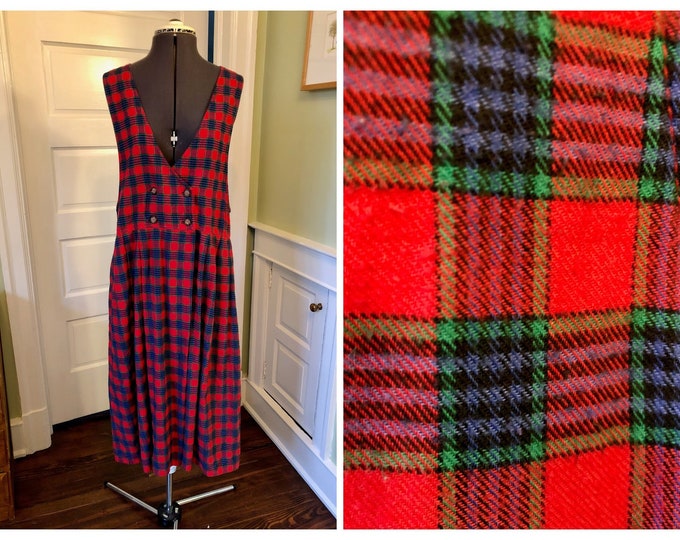 80s Red and Green Plaid Flannel Jumper With Deep V Neckline - Etsy