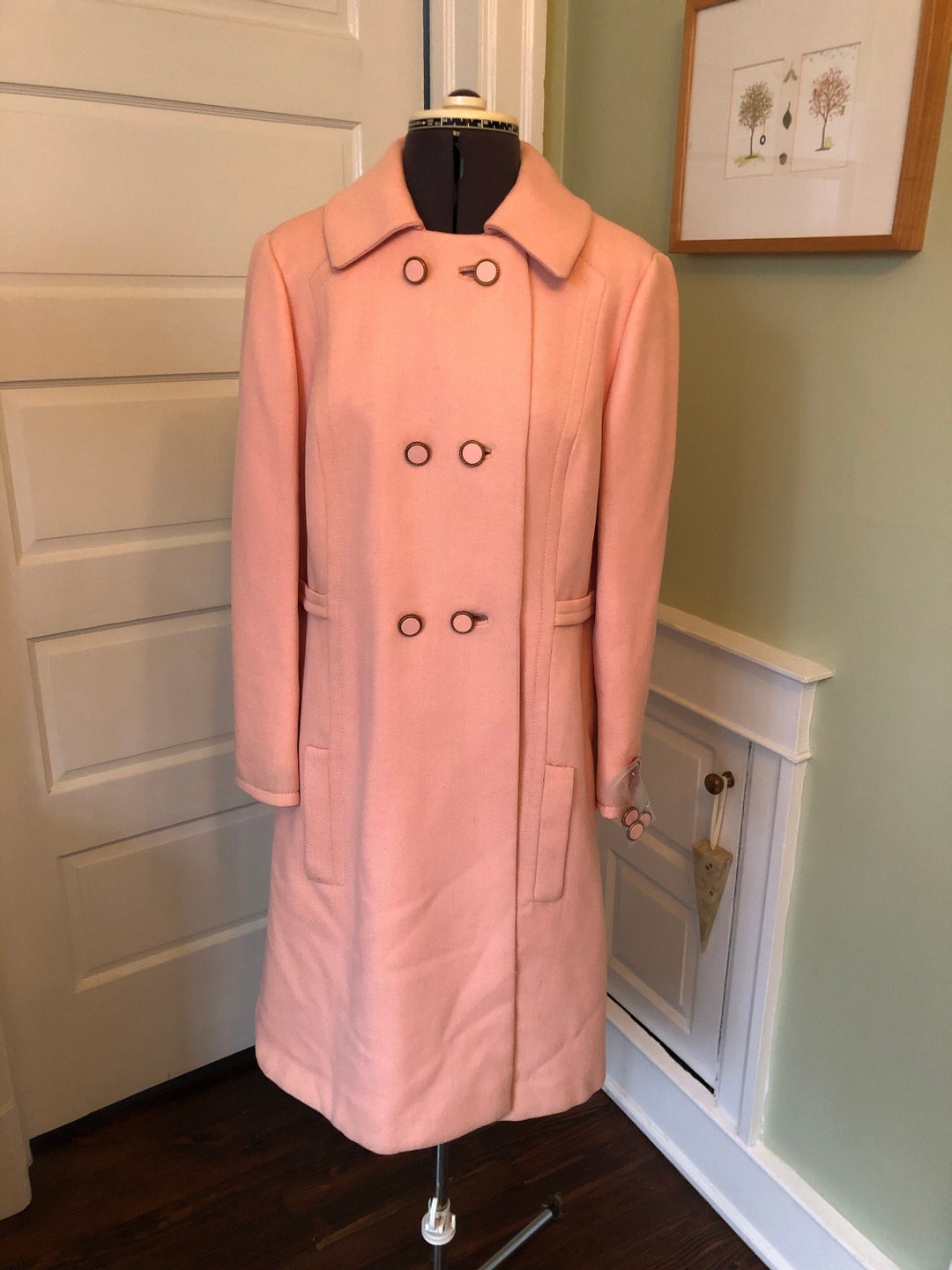 60s Carol Brent Peach Wool Long Sleeved Double Breasted Dress Coat With ...