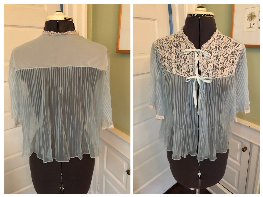 60s Michelene Light Blue Pleated Sheer Nylon Bed Jacket With Lace and ...