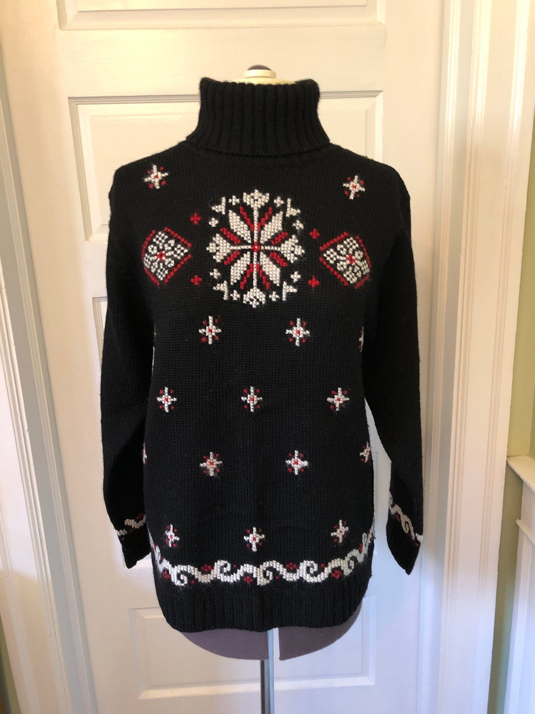 90s Nordic Black Wool Turtleneck Ski Sweater With Red and White ...