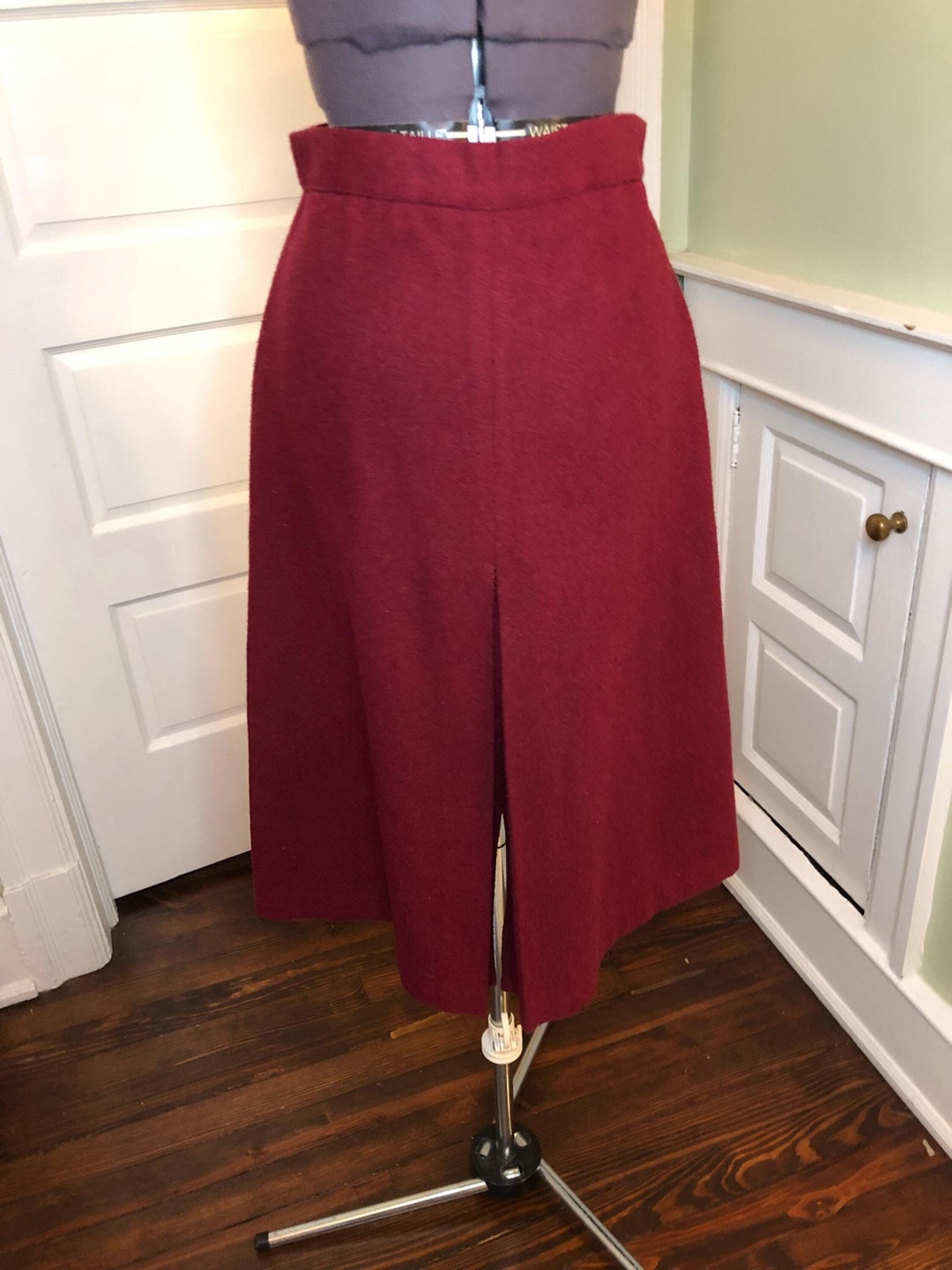 60s Burgundy Wool Skirt With Front Inverted Pleat and Slit | Size Extra ...