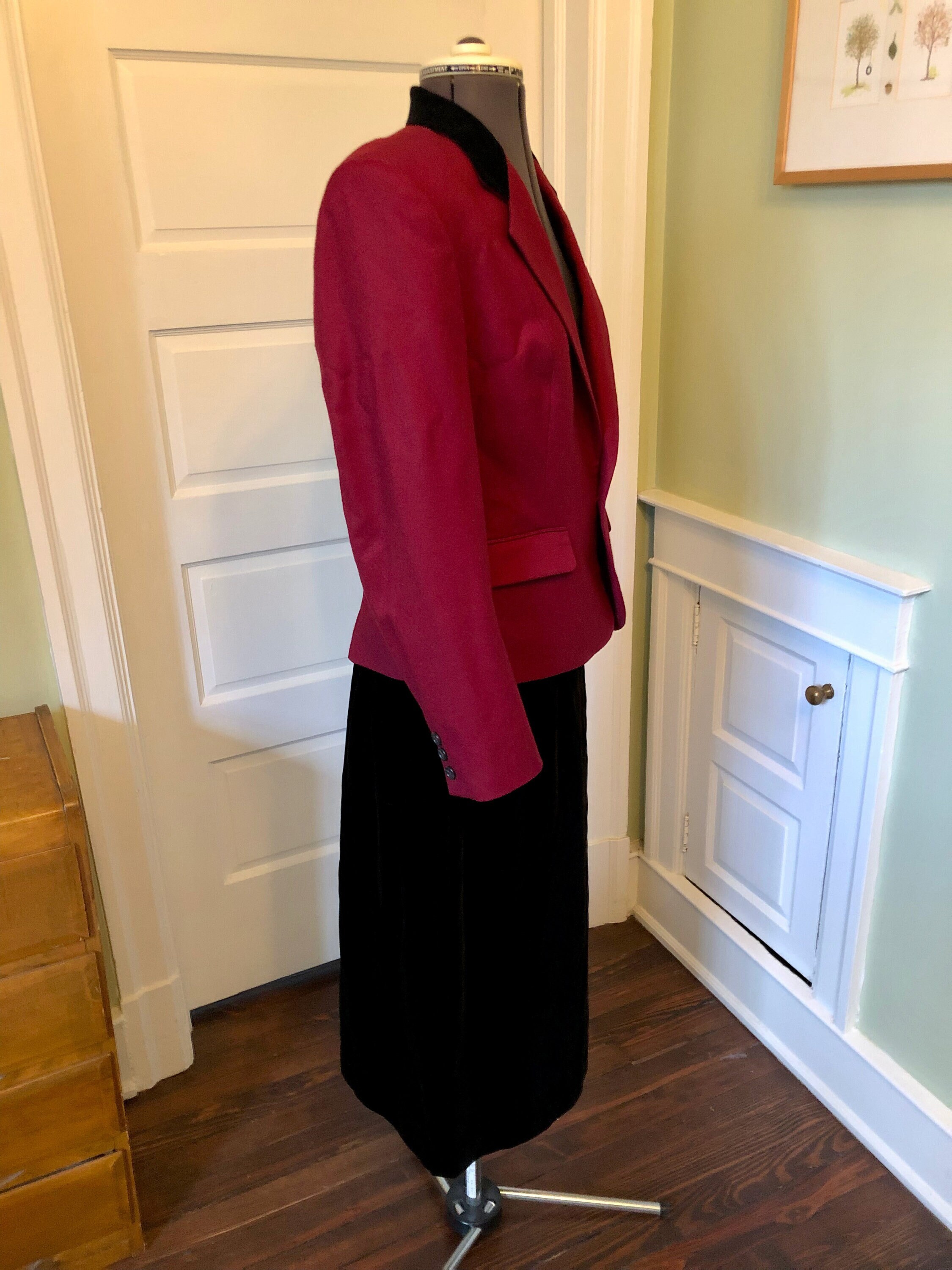 80s Maroon Wool Suit Jacket and Black Velvet Skirt Suit Set by J.G ...