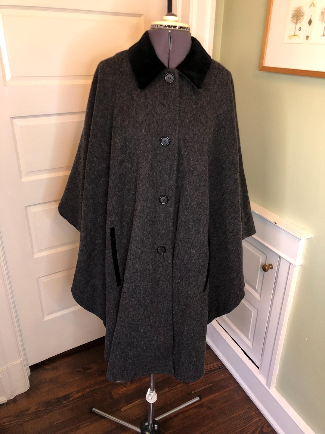 80s Gray Wool Cape With Black Velvet Collar, Arm Holes, and Inset ...