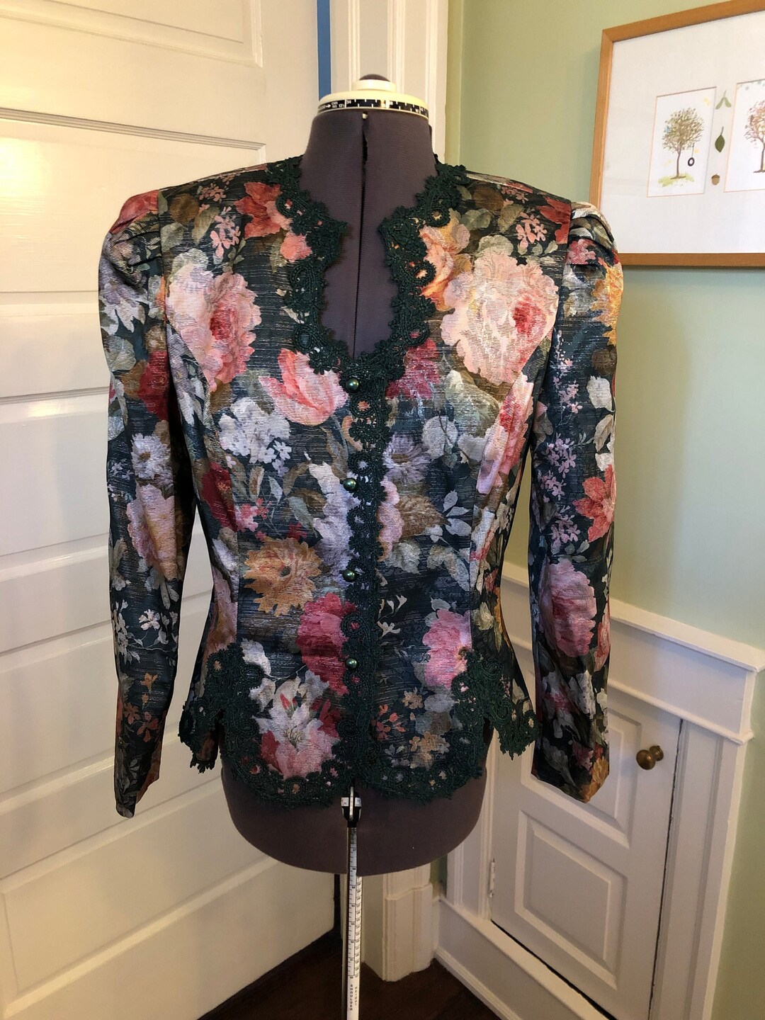 80s Forest Green Metallic Floral Print Long Sleeved Blazer With Lace ...